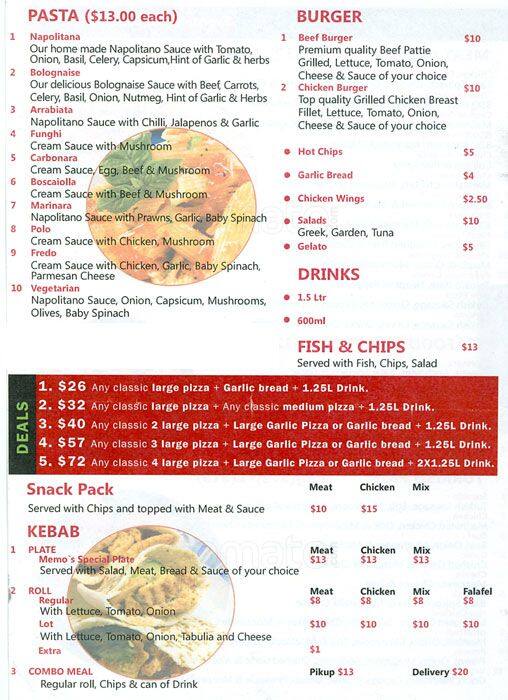 Menu at Memo's pizzeria, Homebush