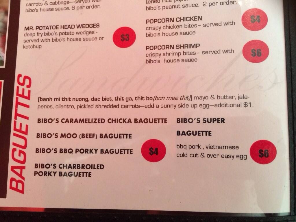 Menu at Bibo's Cafe, Houston