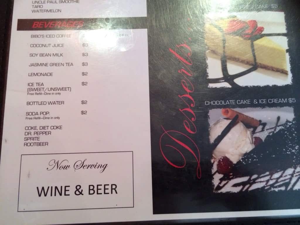 Menu at Bibo's Cafe, Houston