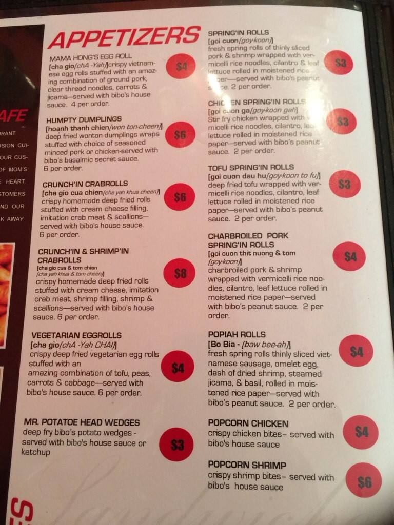 Menu at Bibo's Cafe, Houston