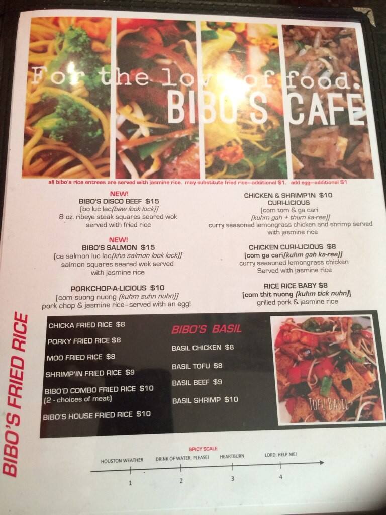 Menu at Bibo's Cafe, Houston