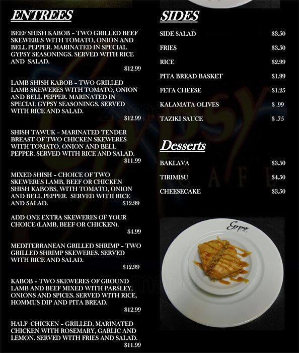 Menu at Gypsy Cafe & Hookah Lounge, San Antonio