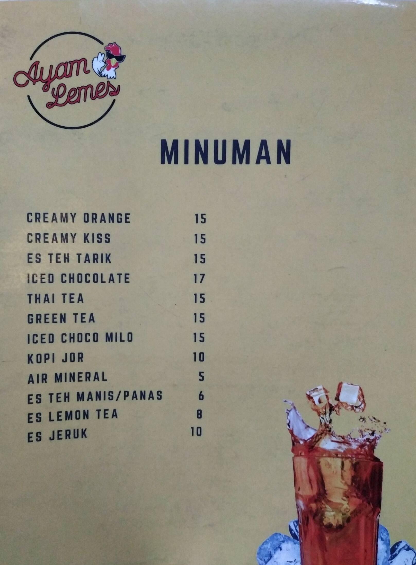 Menu at Ayam Lemes restaurant, Jakarta, Jl. Tebet Utara 1 No. 47C