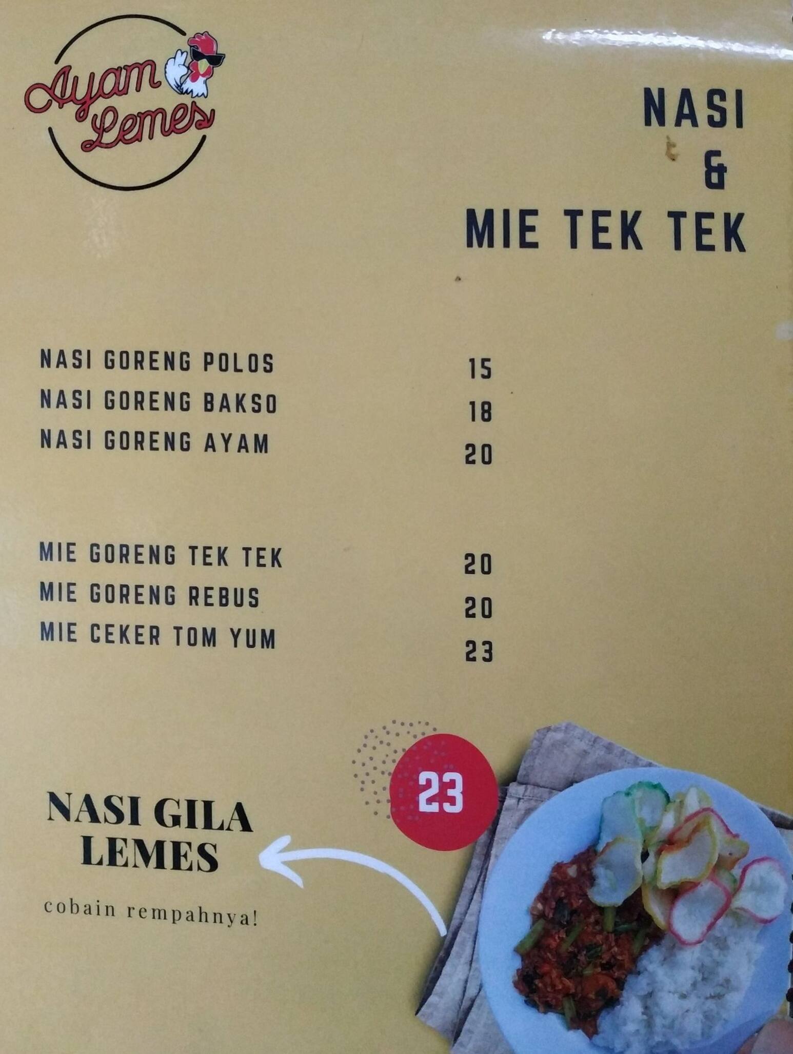 Menu at Ayam Lemes restaurant, Jakarta, Jl. Tebet Utara 1 No. 47C