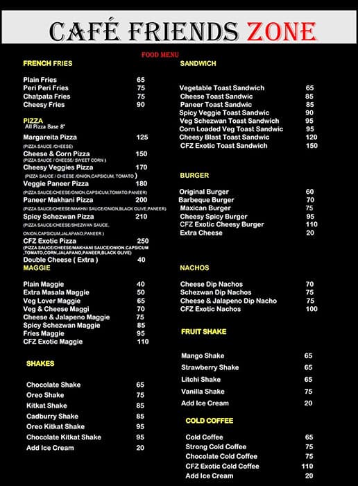 Menu of Cafe Friends Zone, Nalasopara, Mumbai
