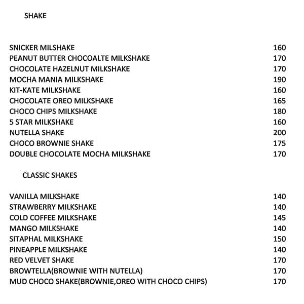 Menu of Shake Bar, Gota, Ahmedabad