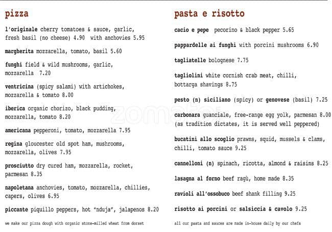 Menu at Rocca restaurant, London, 73 Old Brompton Rd