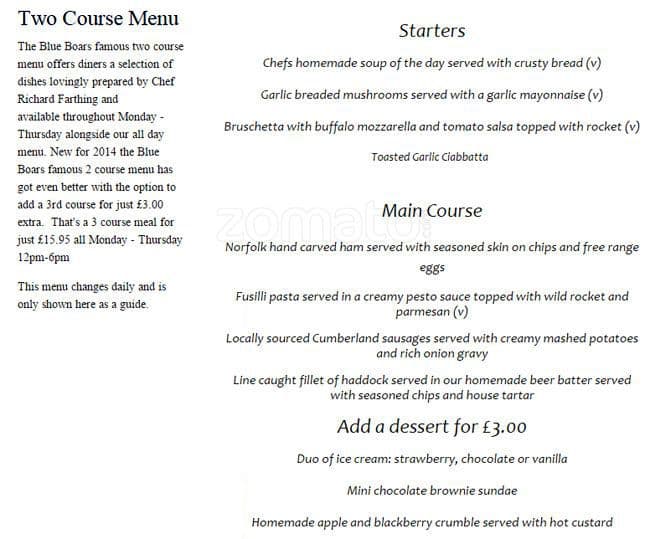 Menu at The Blue Boar restaurant, Abridge, 1 Market Pl