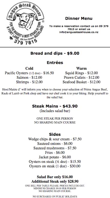 Menu at Angus Steak House steakhouse, Auckland