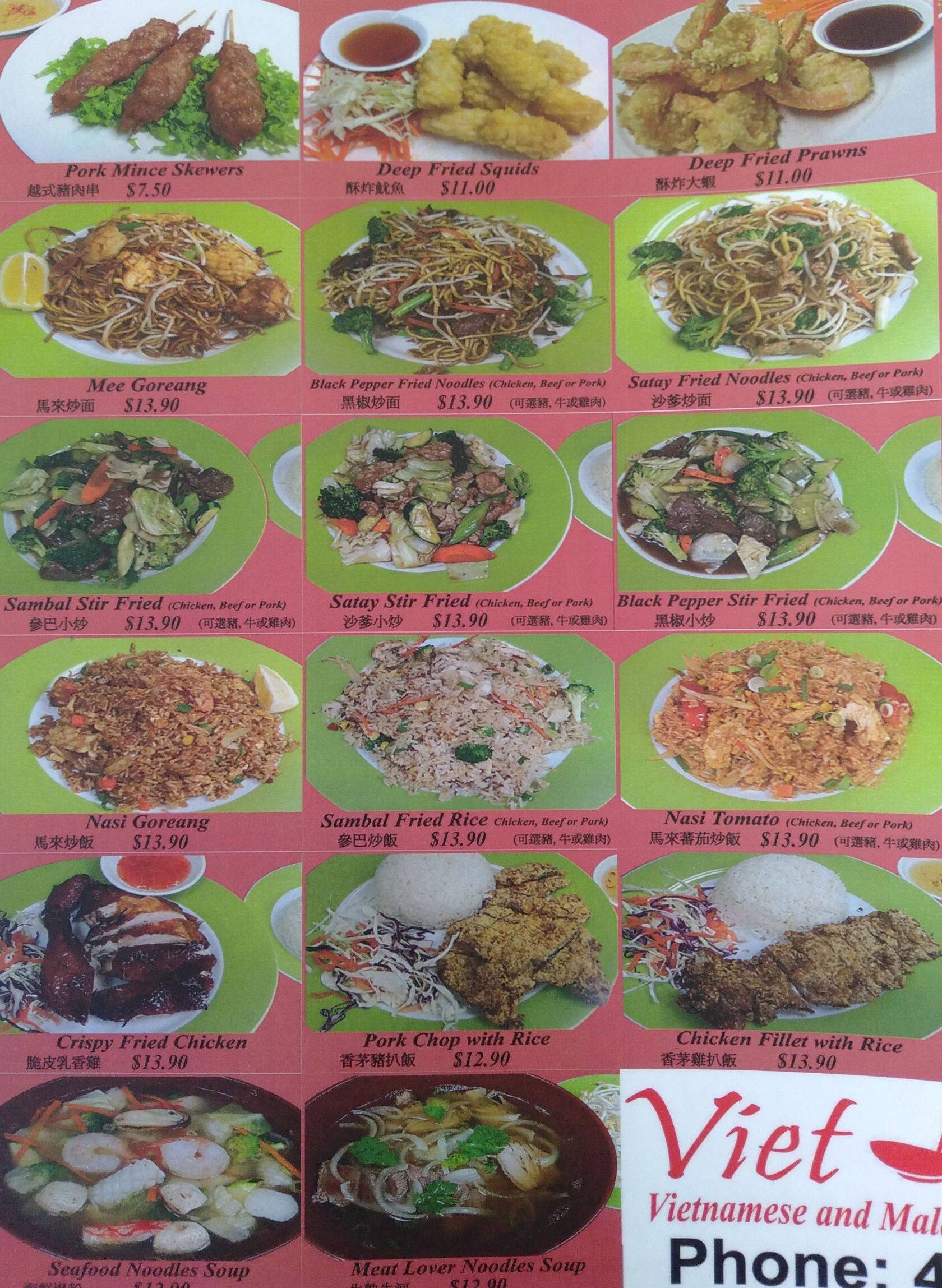 Menu at Viet and malay restaurant, Auckland