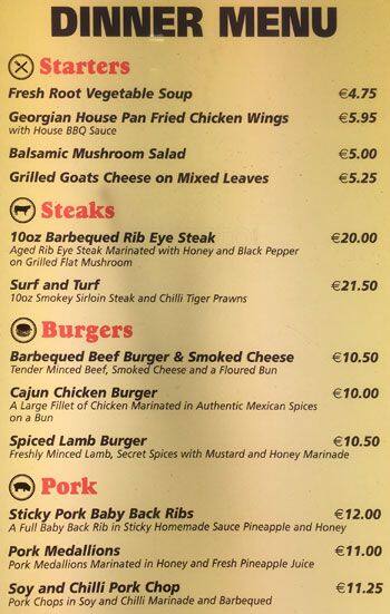 Menu at Georgian BBQ, Dublin