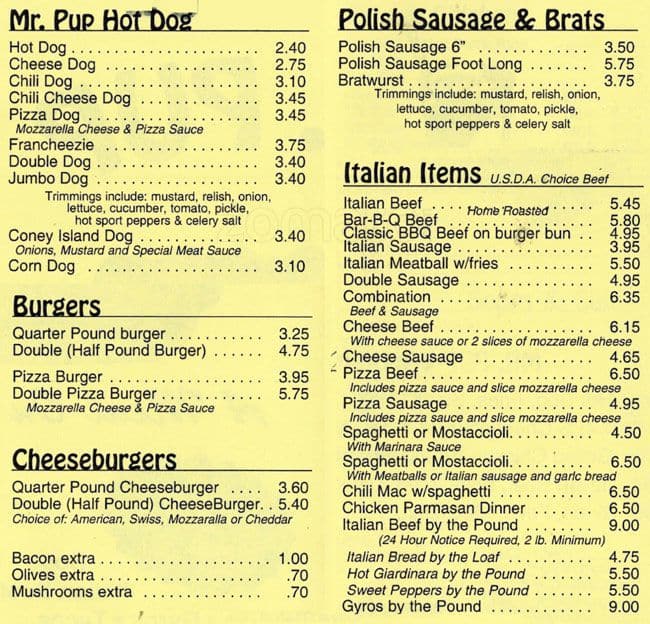 Menu at Mr Pup restaurant, Des Plaines, Lee St