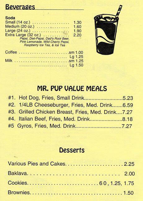 Menu at Mr Pup restaurant, Des Plaines, Lee St