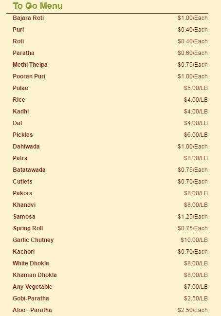 Menu at Bhojan Indian Vegetarian Cuisine restaurant, Houston