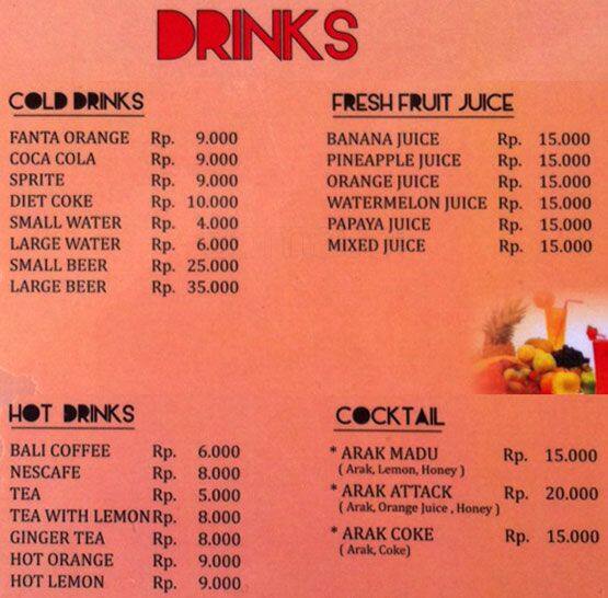 Menu at Bliss Cafe, Purwakerti