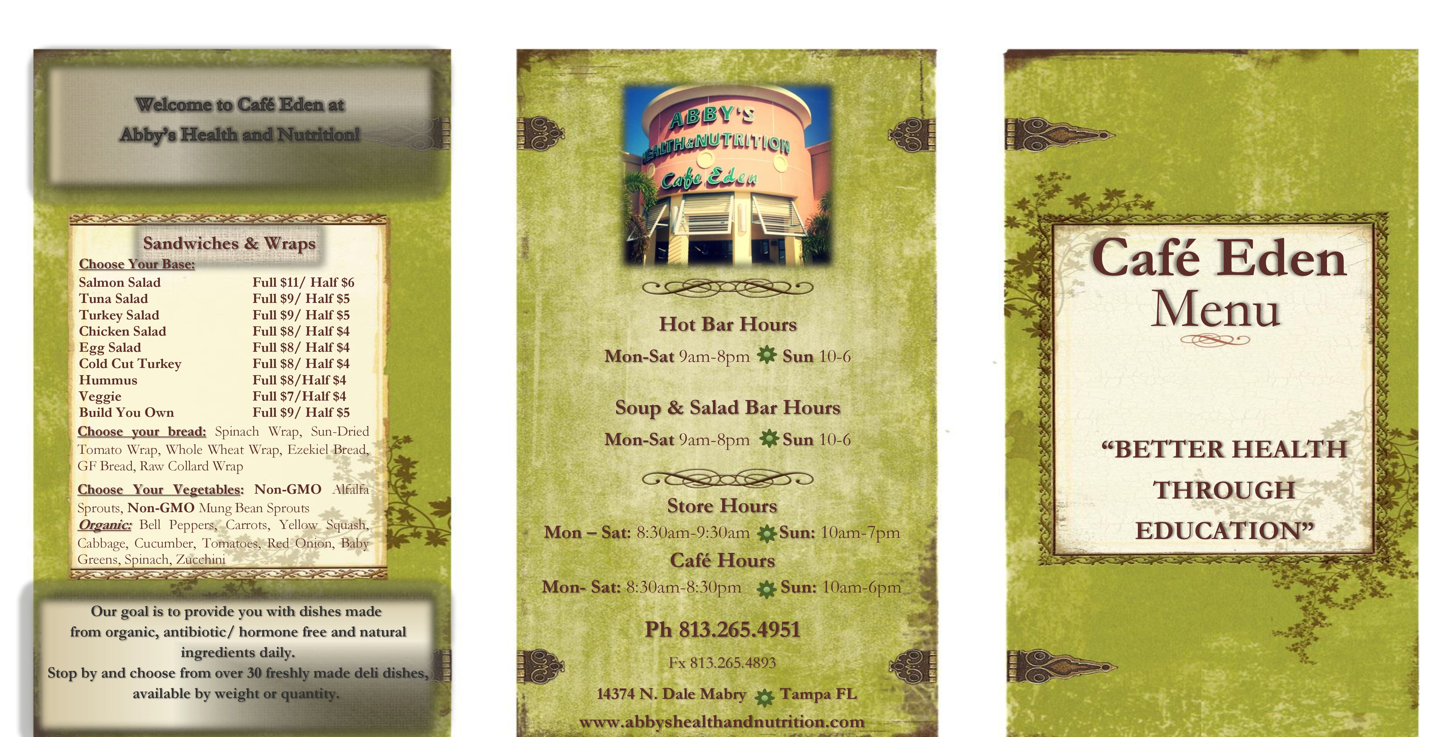 Menu at Cafe Eden, Tampa