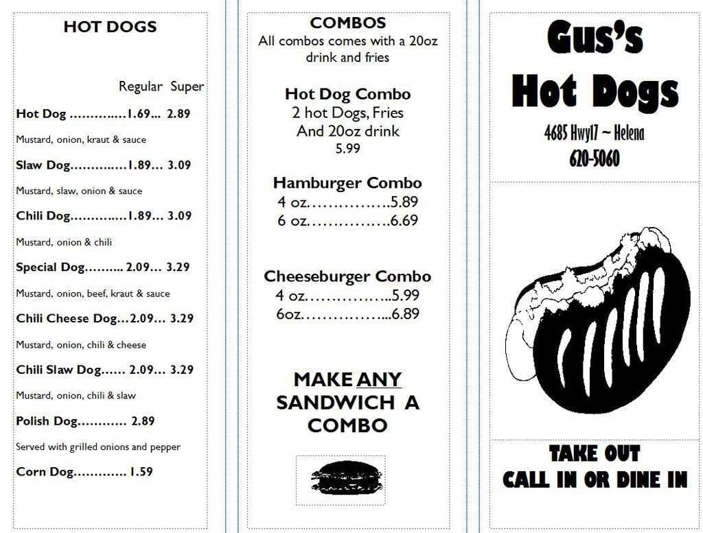 Menu at Gus' Hot Dogs restaurant, Helena