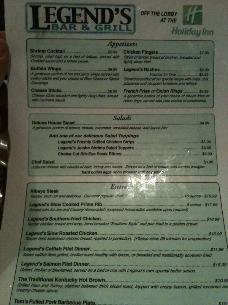 Menu at Legends, Hopkinsville