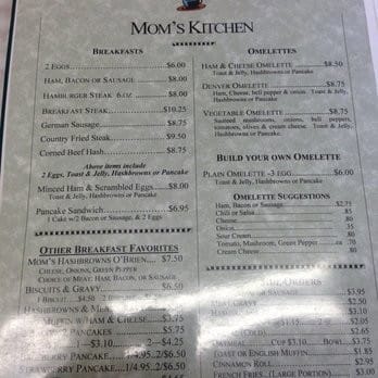 Menu at Mom's Kitchen cafe, North Bend