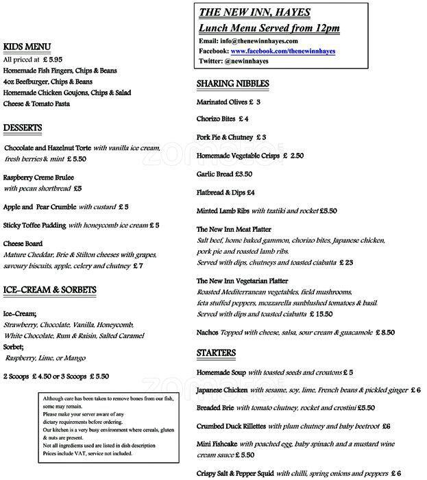 The New Inn Menu Menu For The New Inn Hayes Kent London Zomato Uk