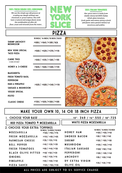 Menu at New York Slice, Makati