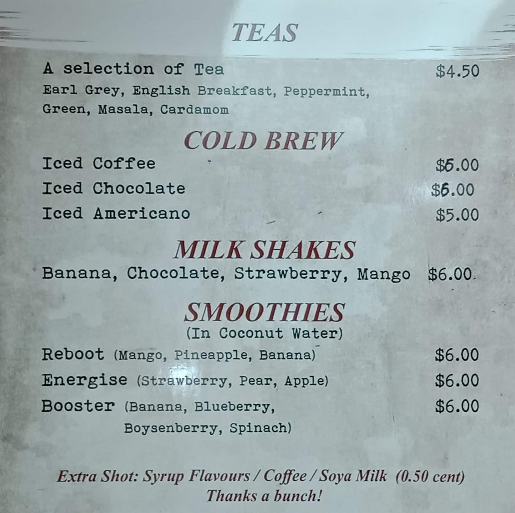 Menu at Cup o' Joy cafe, Auckland, Great South Road