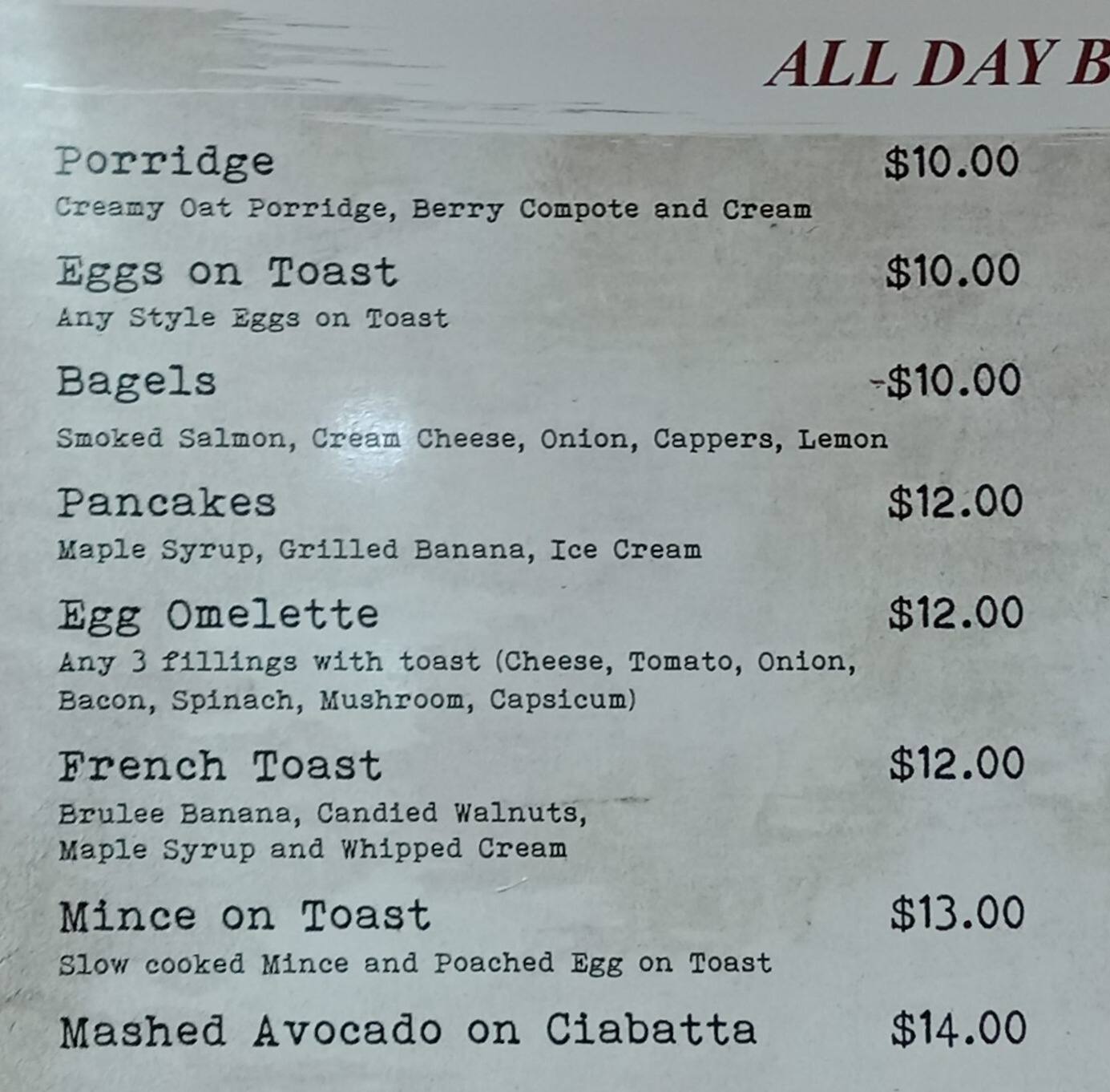 Menu at Cup o' Joy cafe, Auckland, Great South Road