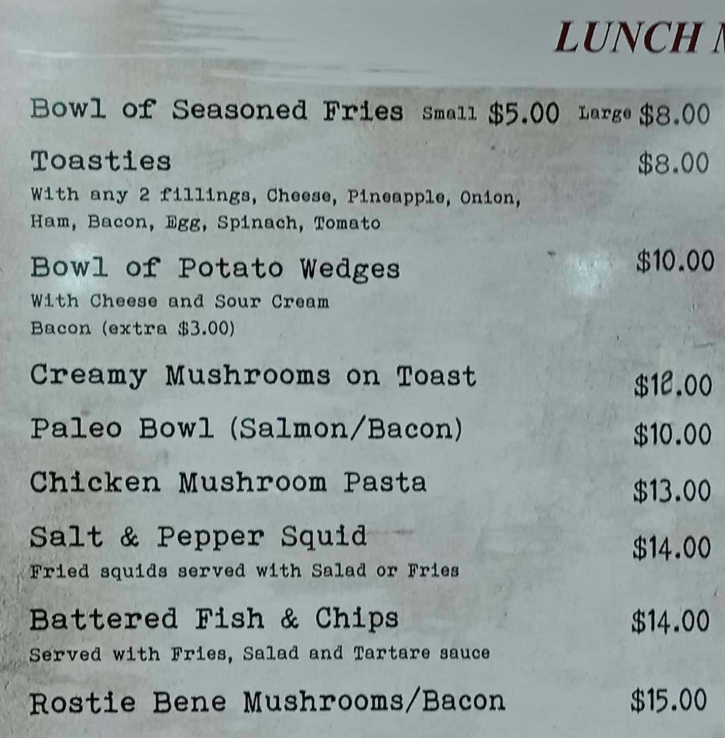 Menu at Cup o' Joy cafe, Auckland, Great South Road