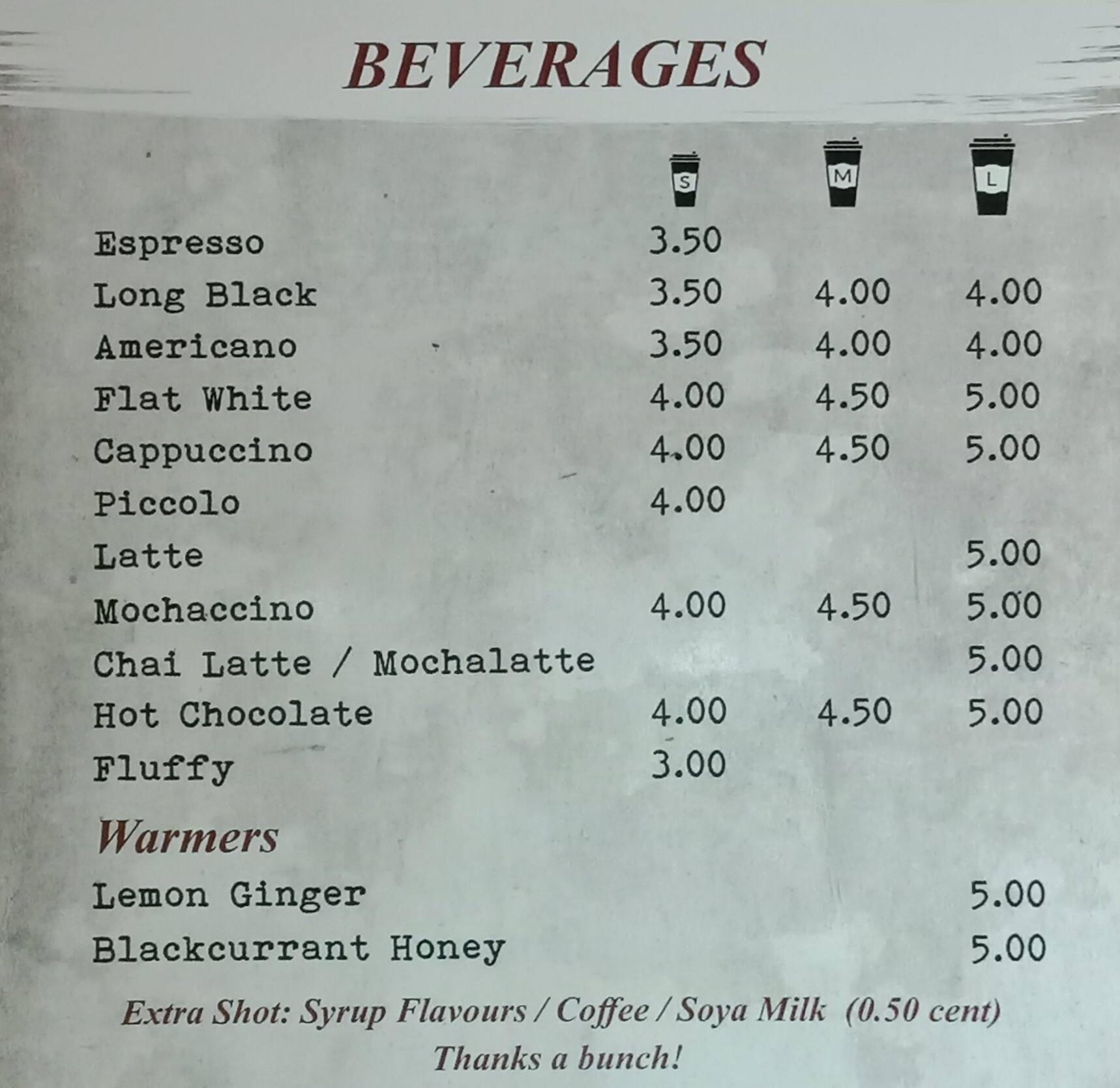 Menu at Cup o' Joy cafe, Auckland, Great South Road