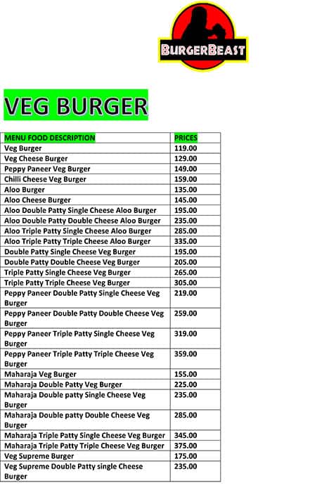 Menu of Burger Beast, Potheri, Chennai