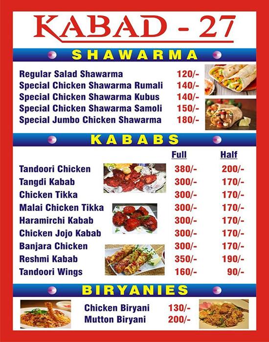 Menu of Kebab 27, Kukatpally, Hyderabad