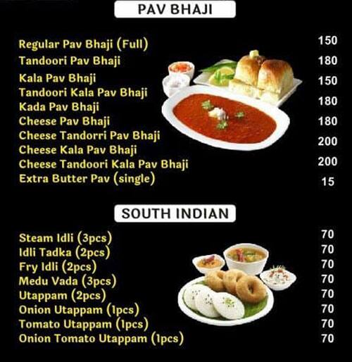 Menu of Kalaram Pav Bhaji Center, Virar, Mumbai