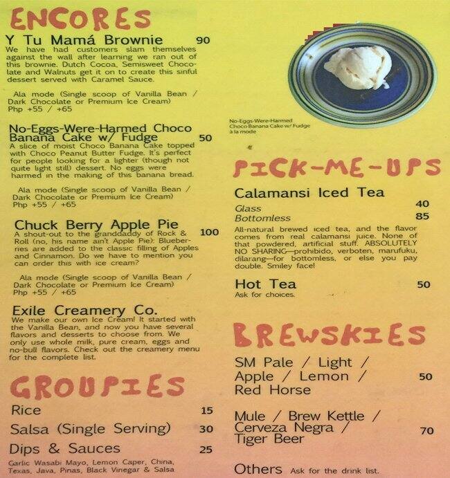 Carta del pub y bar Exile on Main Street, Ciudad Quezon, 299 Katipunan Ave