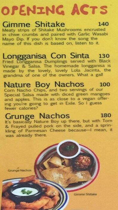 Menu at Exile on Main Street pub & bar, Quezon City, 299 Katipunan Ave