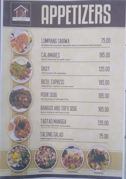 Menu at Kapitbahay Filipino Cuisine restaurant, Antipolo, Palm Square