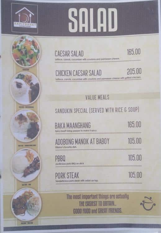 Menu at Kapitbahay Filipino Cuisine restaurant, Antipolo, Palm Square