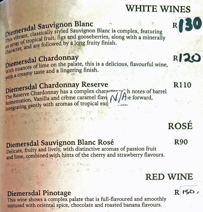 Menu at The Whaling Station restaurant, Betty's Bay, Clarence Drive