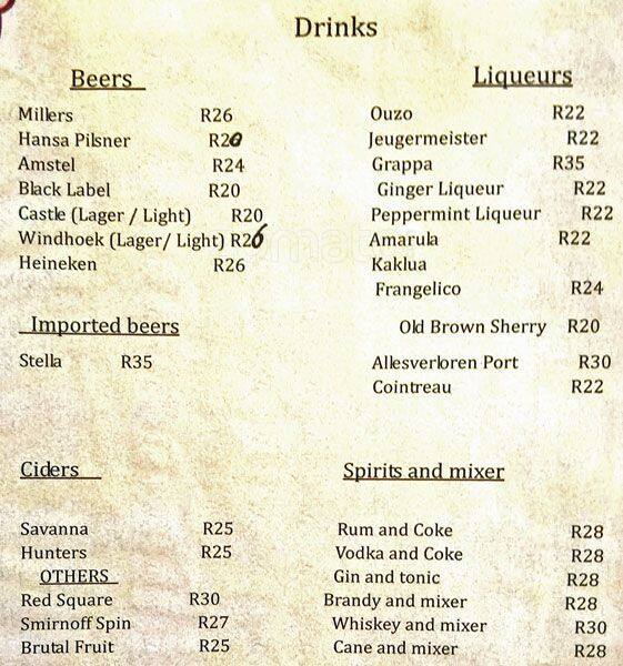 Menu at The Whaling Station restaurant, Betty's Bay, Clarence Drive