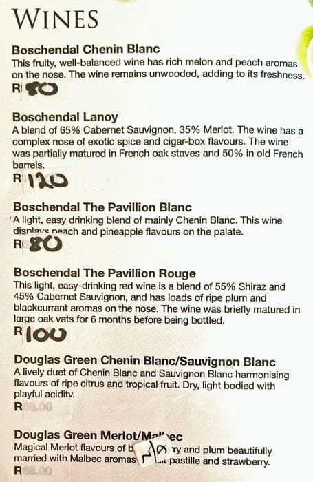 Menu at The Whaling Station restaurant, Betty's Bay, Clarence Drive