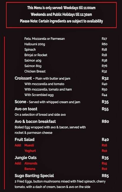 Menu at Sugo cafe, Sandton