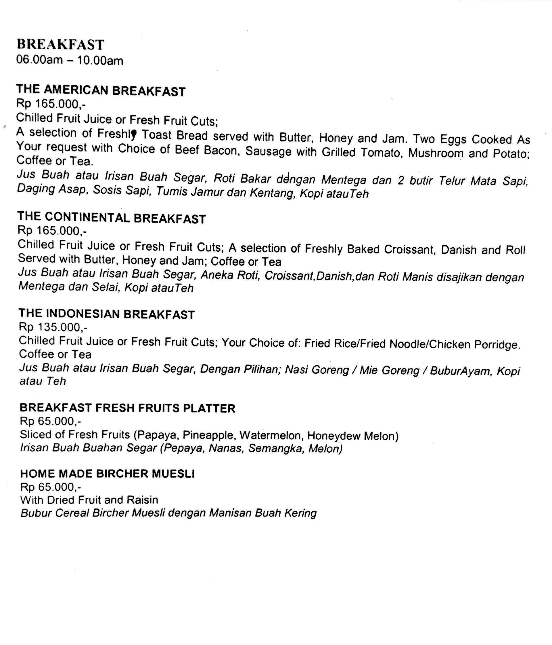 Menu at Breeze Cafe, Jakarta