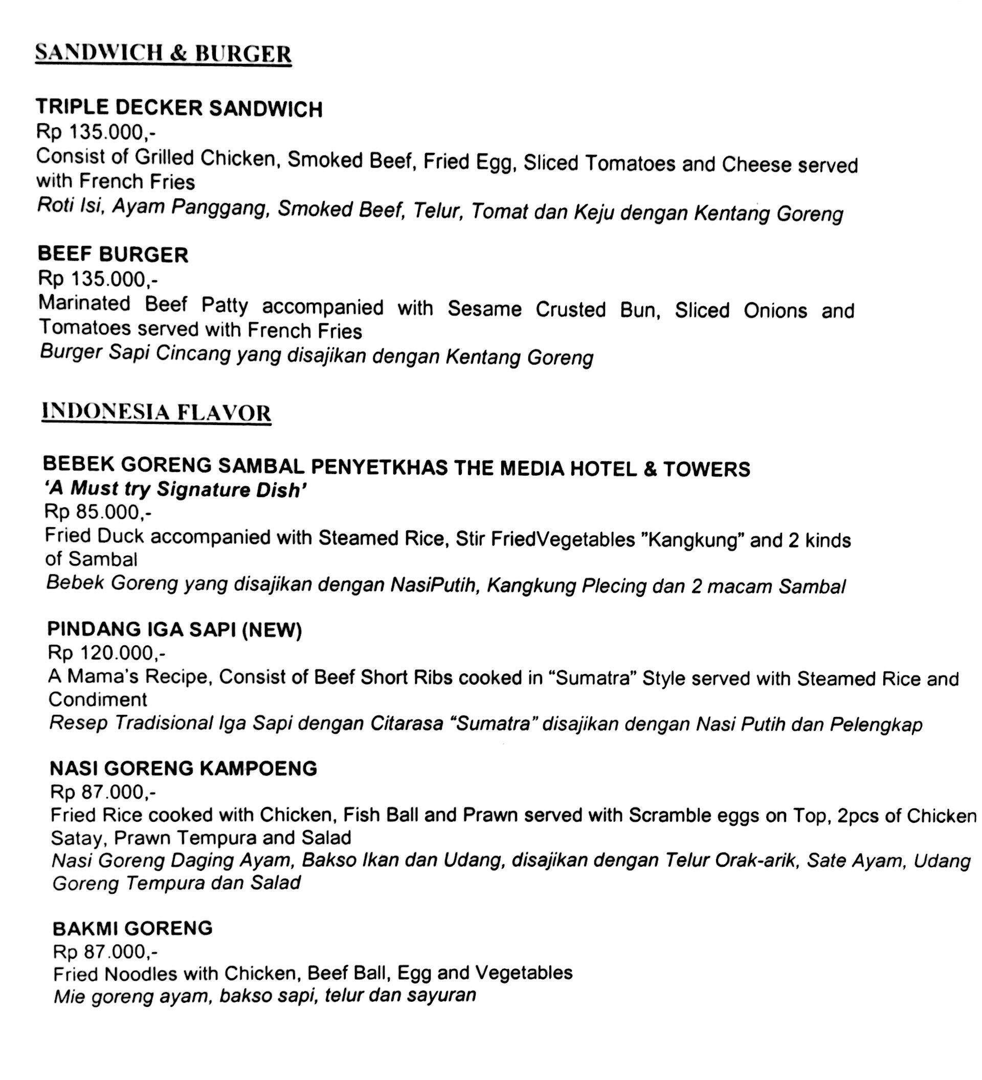 Menu at Breeze Cafe, Jakarta