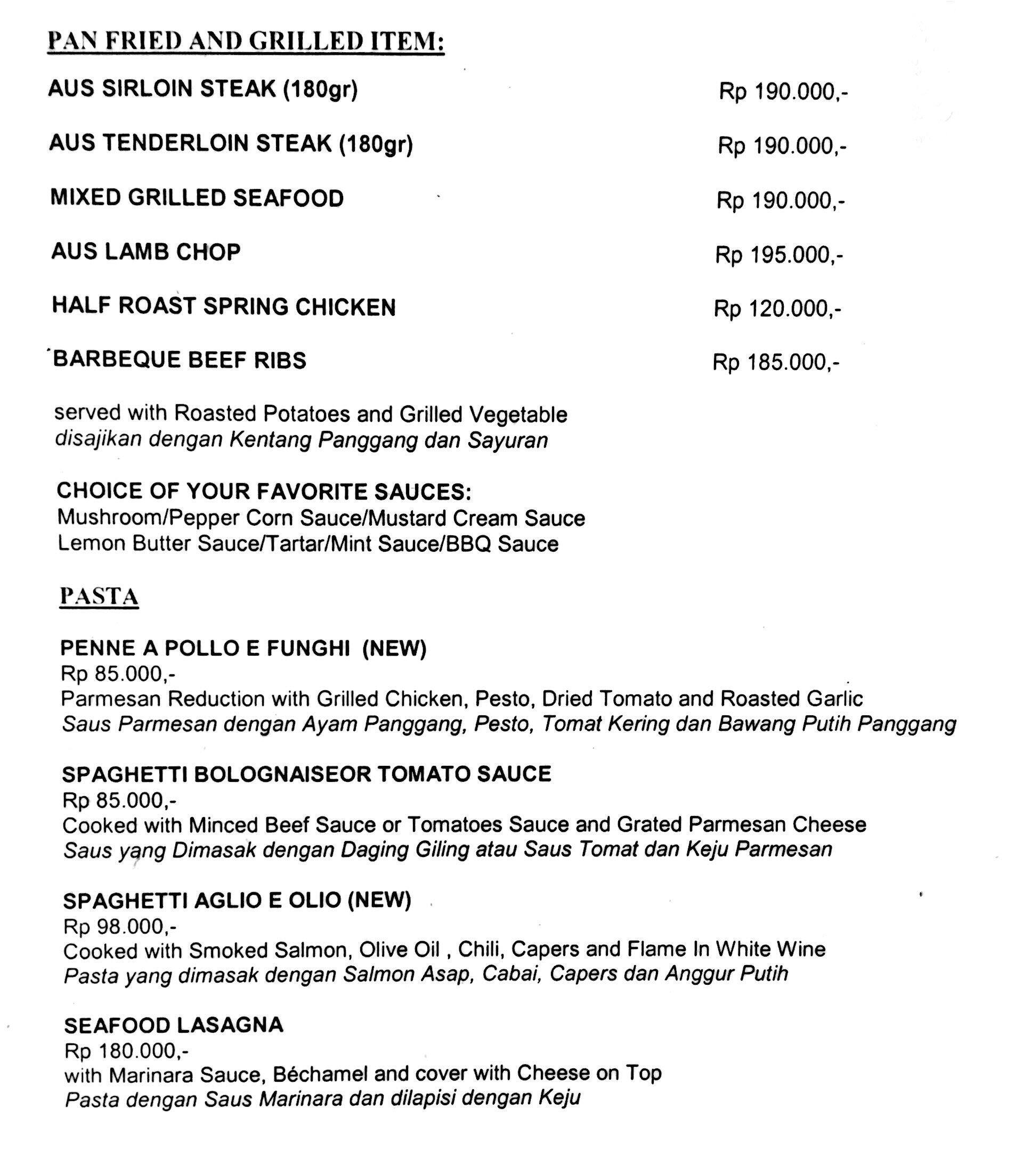 Menu at Breeze Cafe, Jakarta