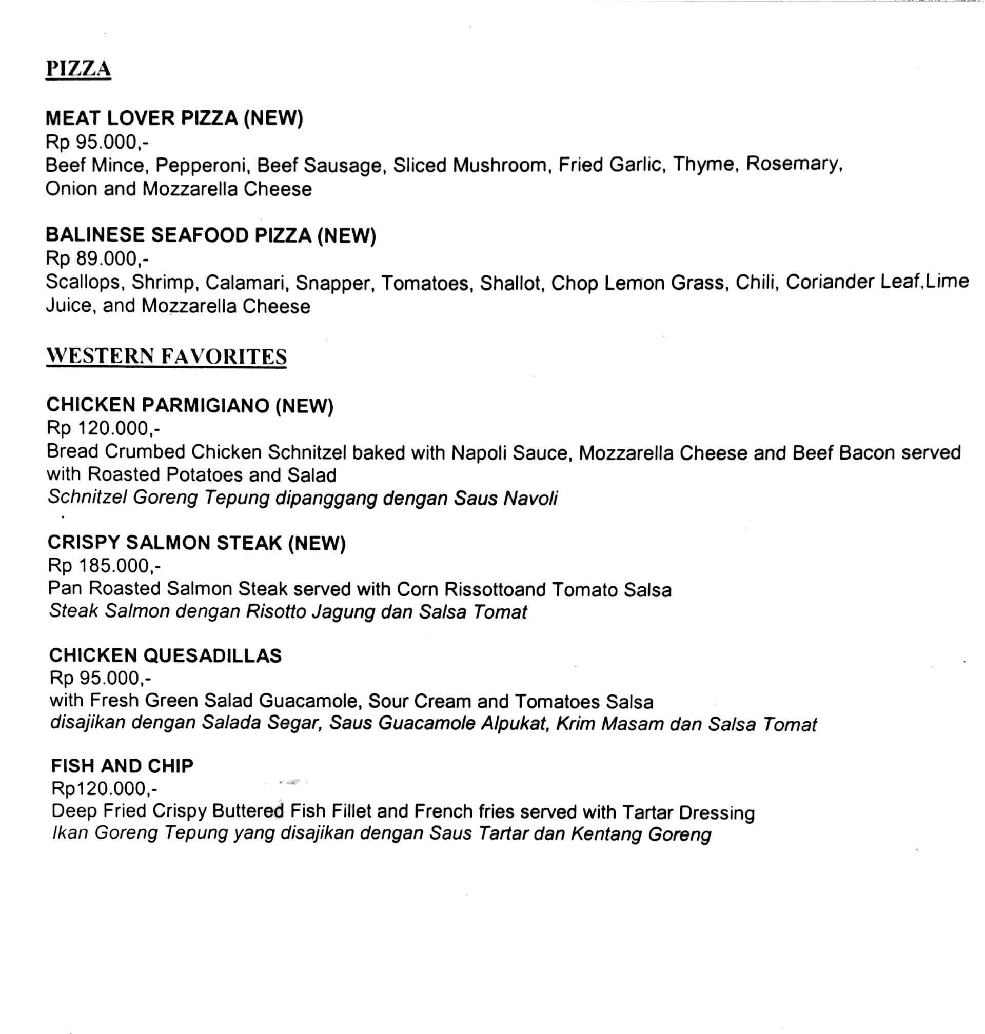 Menu at Breeze Cafe, Jakarta