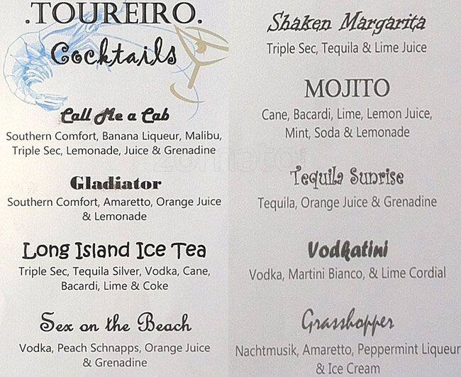 Menu at Toureiro House of Prawns restaurant, Pretoria, 978 Veda Ave