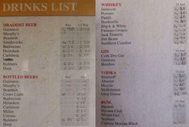 Menu at Fitzgerald’s Bar, Dublin