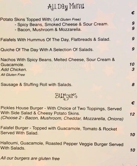 Carta del café Pickles, Dublin, Park Shopping Centre