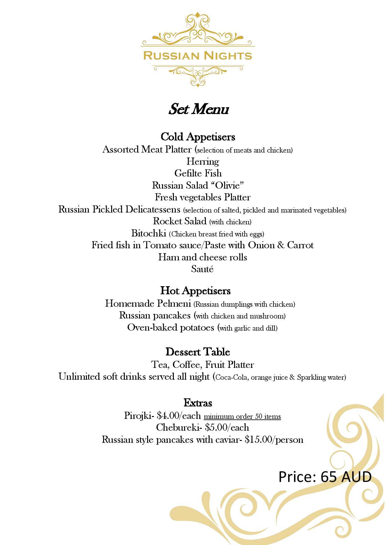 Menu at Russian Night Events restaurant, Bondi