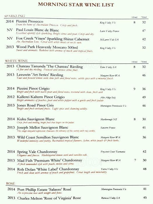 Menu at Morning Star Hotel pub & bar, Williamstown