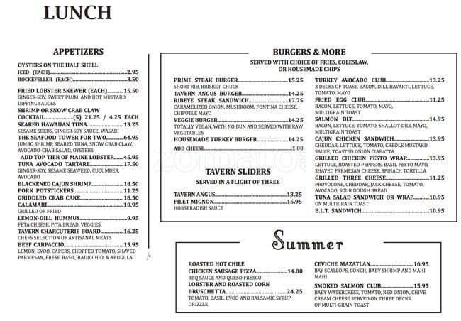 Menu at Tavern On Rush restaurant, Chicago, N Rush St